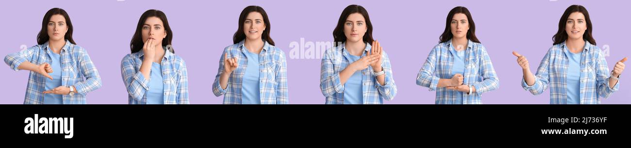 Set of young deaf mute woman using sign language on lilac background ...