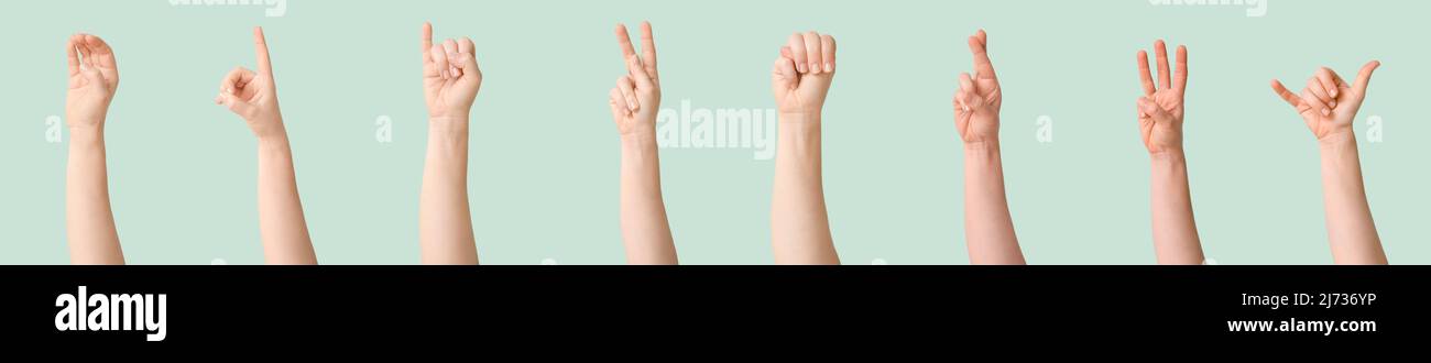 Set of hands showing different letters on green background. Sign ...