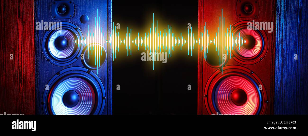Modern loudspeakers with sound wave on black background Stock Photo - Alamy