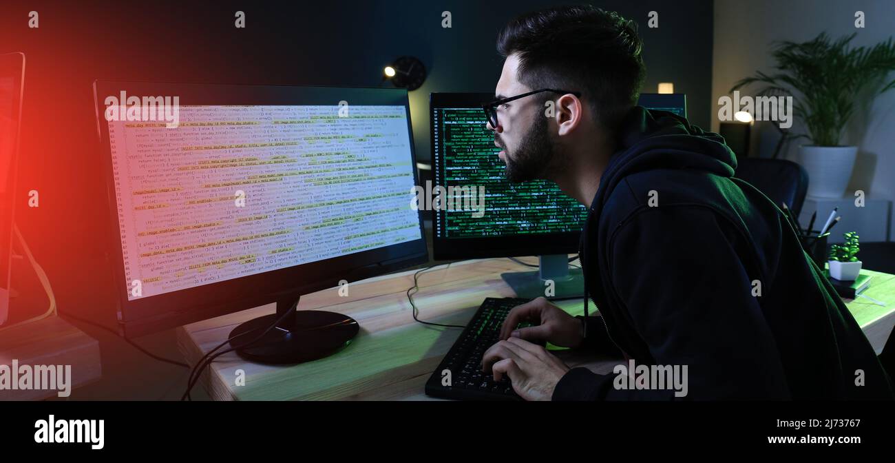 Programmer working in office late in evening Stock Photo - Alamy