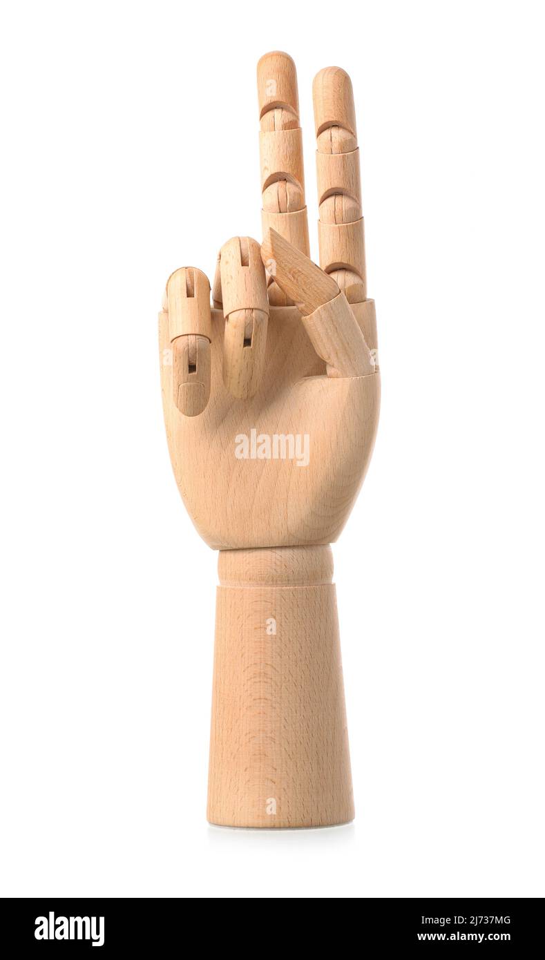 Wooden hand showing two fingers on white background Stock Photo - Alamy