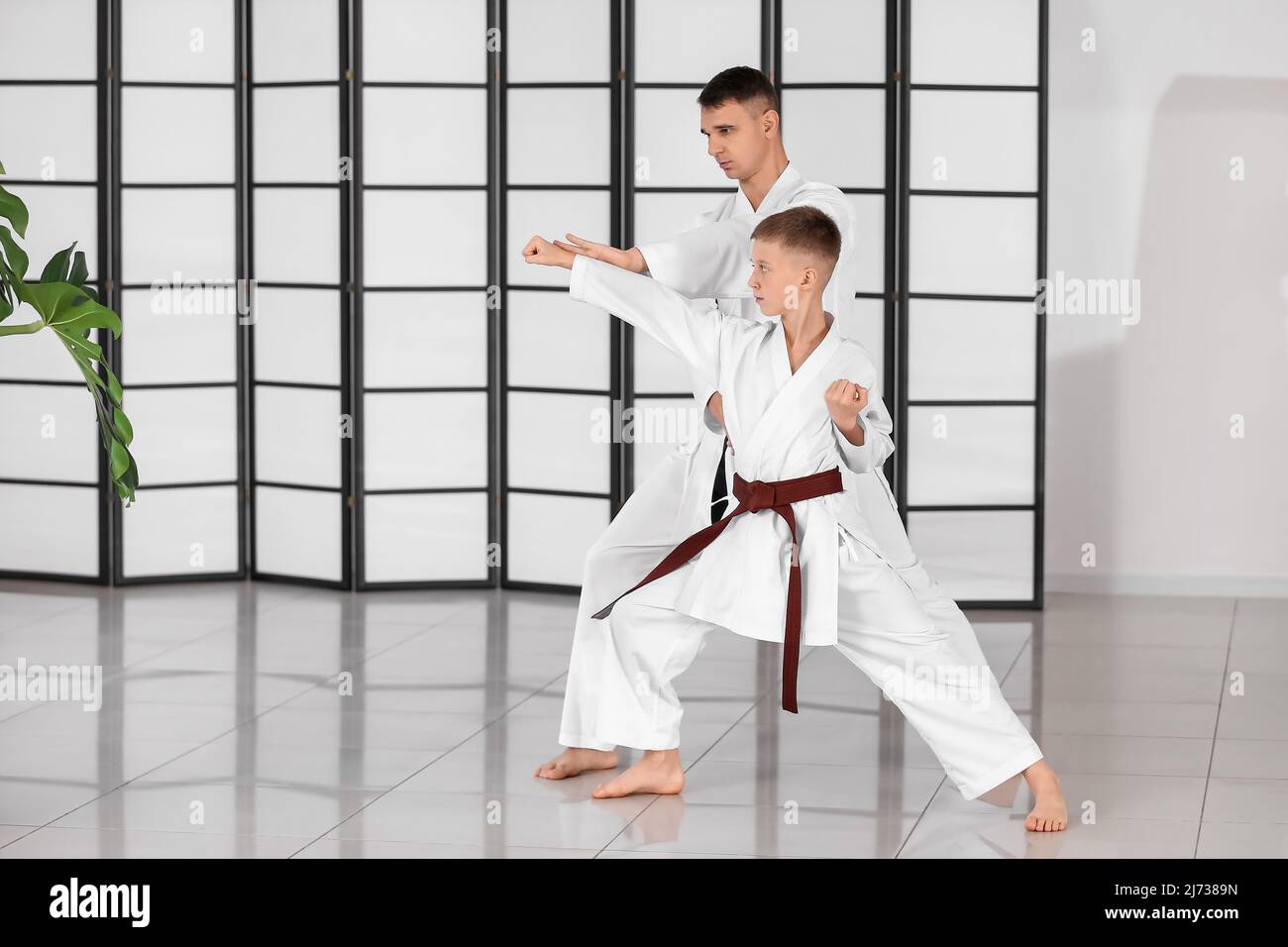 Boy practicing karate with instructor in dojo Stock Photo - Alamy