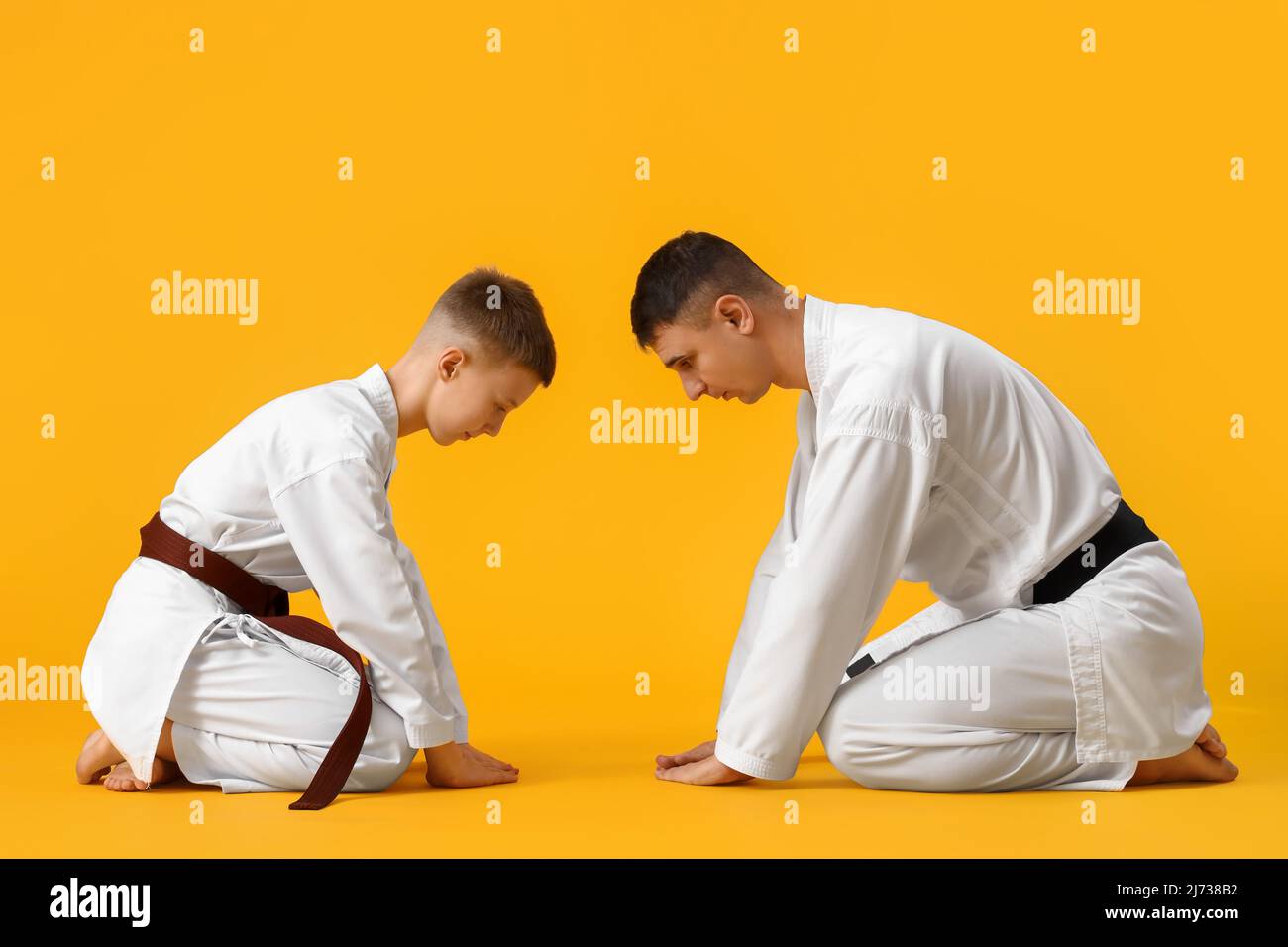 Boy and sensei performing ritual bow before practicing karate on yellow ...