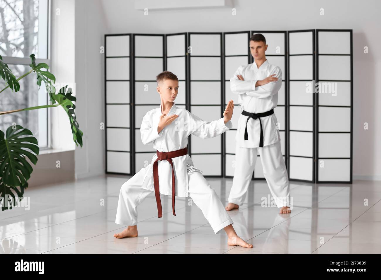 Boy practicing karate under watchful eye of instructor in dojo Stock ...