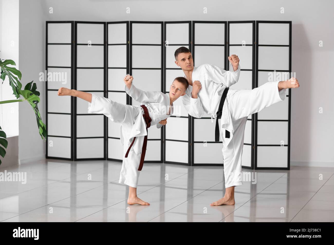 Boy practicing karate with instructor in dojo Stock Photo - Alamy