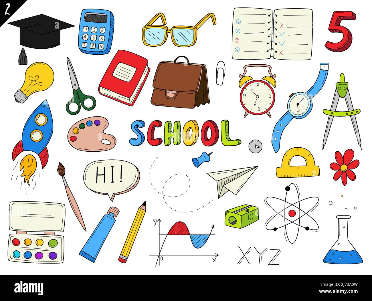 Set of doodle outline icons back to school. School items, supplies ...