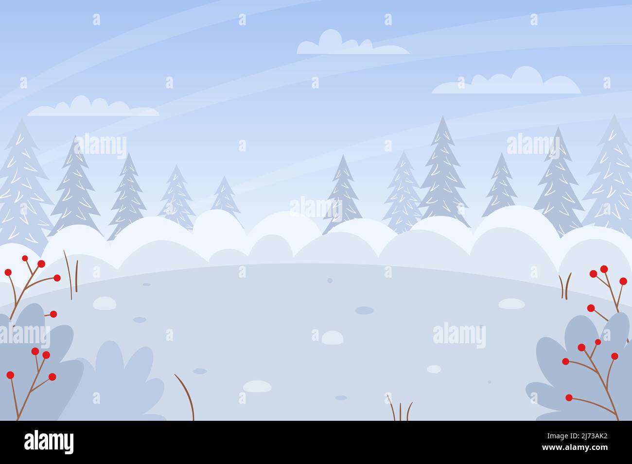 Horizontal winter, snowy landscape. Snowdrifts, bushes, fir trees in ...