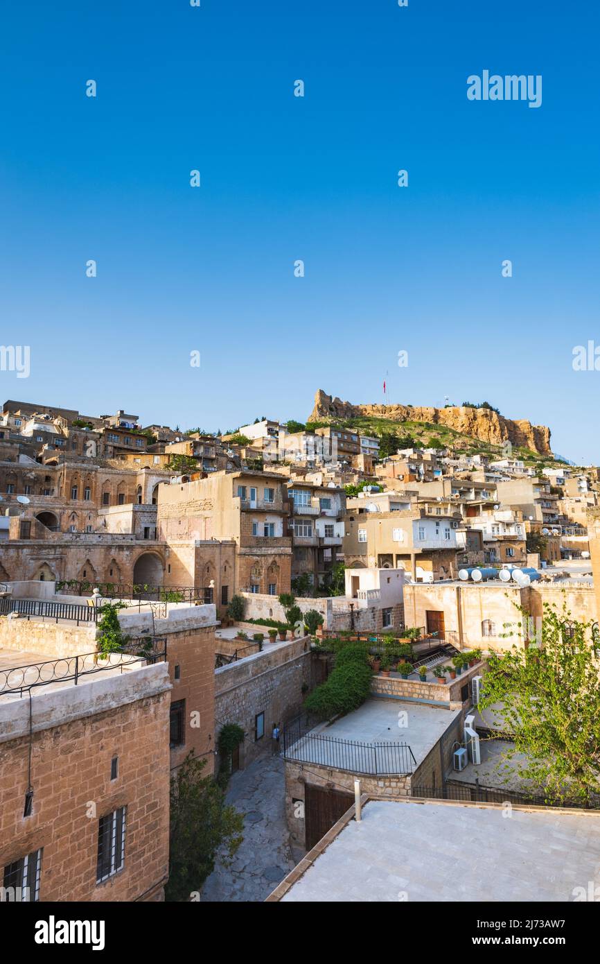 Mardin old town view with Mardin castle at the top, cityscape of Mardin ...