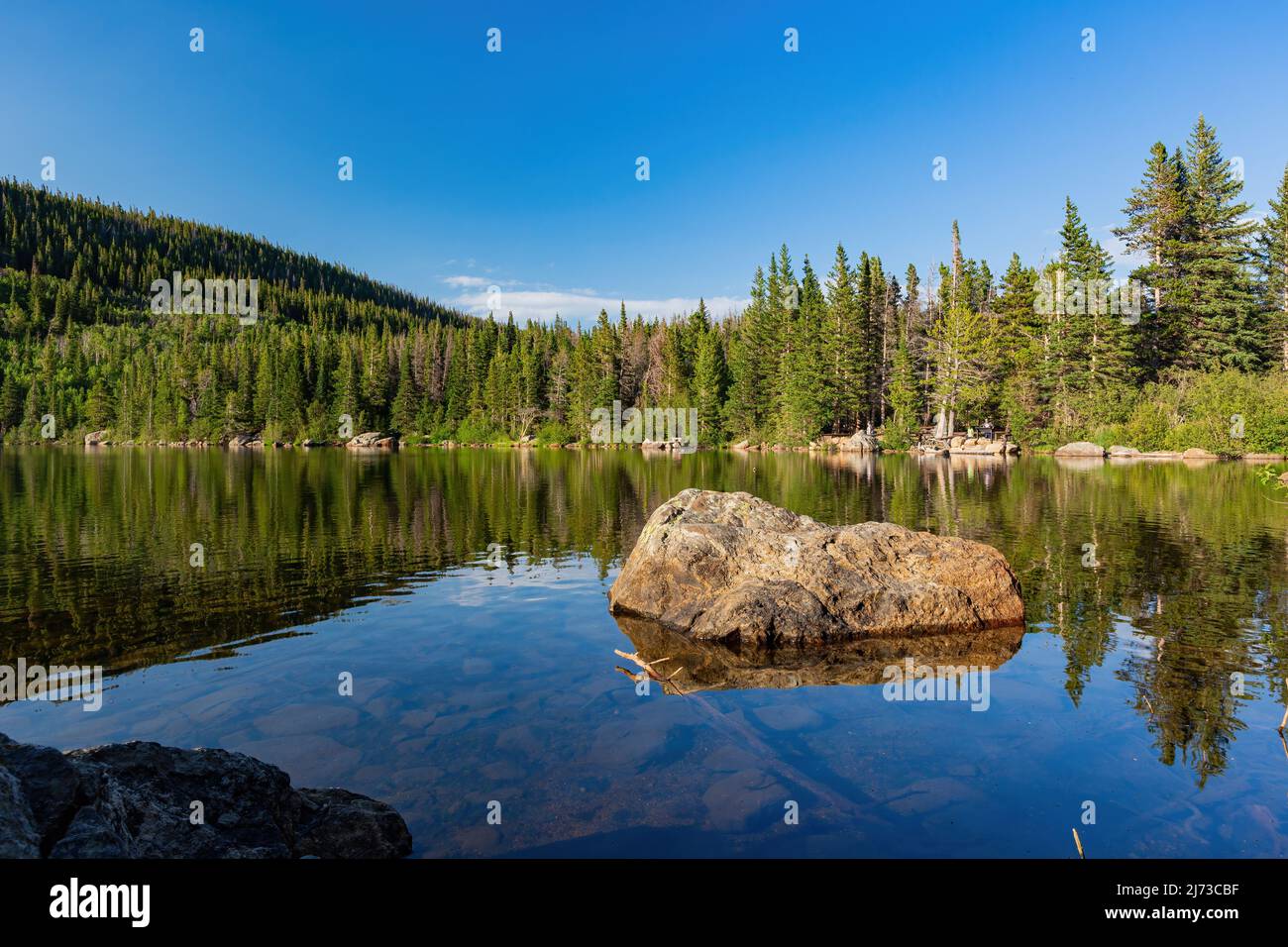Sunny view of the beautiful Bear Lake at Rocky Mountain National Park ...