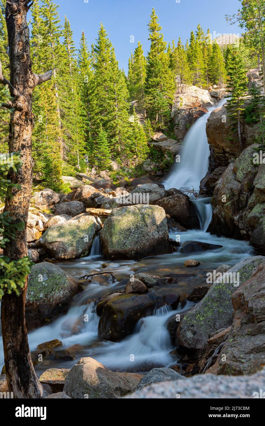 Sunny view of the beautiful landscape around Alberta Falls at Rocky Mountain National Park ...