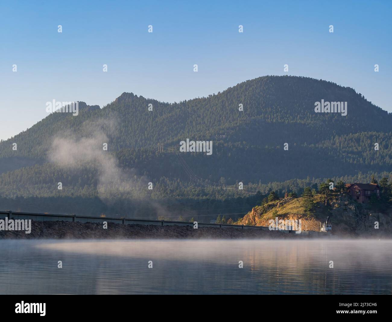 Morning haze of Lake Estes, Rocky Mountain National Park, Colorado ...