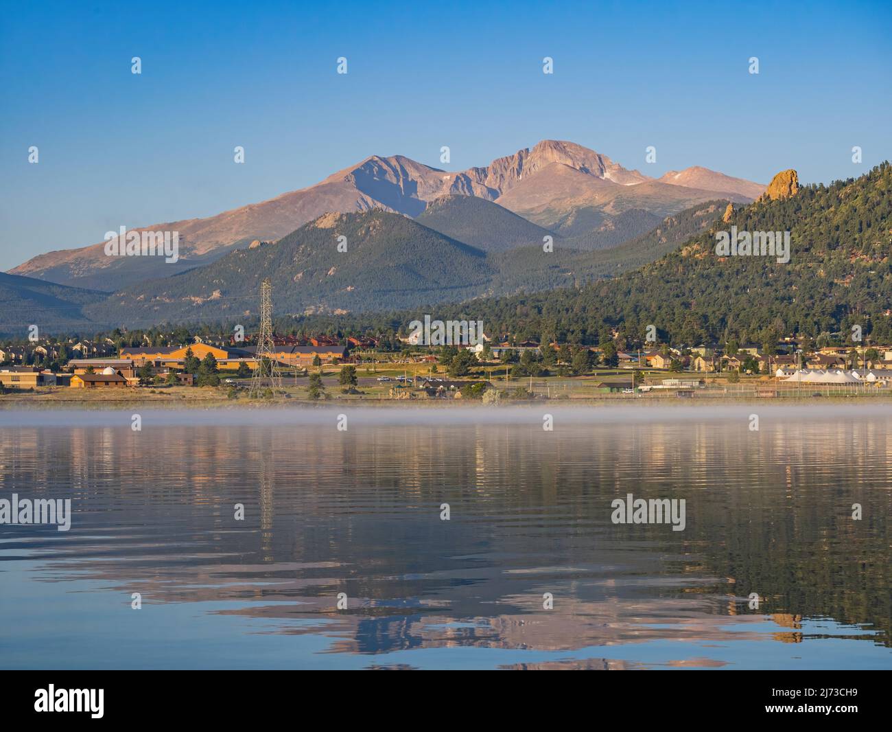 Sunny view of a small town near Rocky Mountain National Park at Estes ...