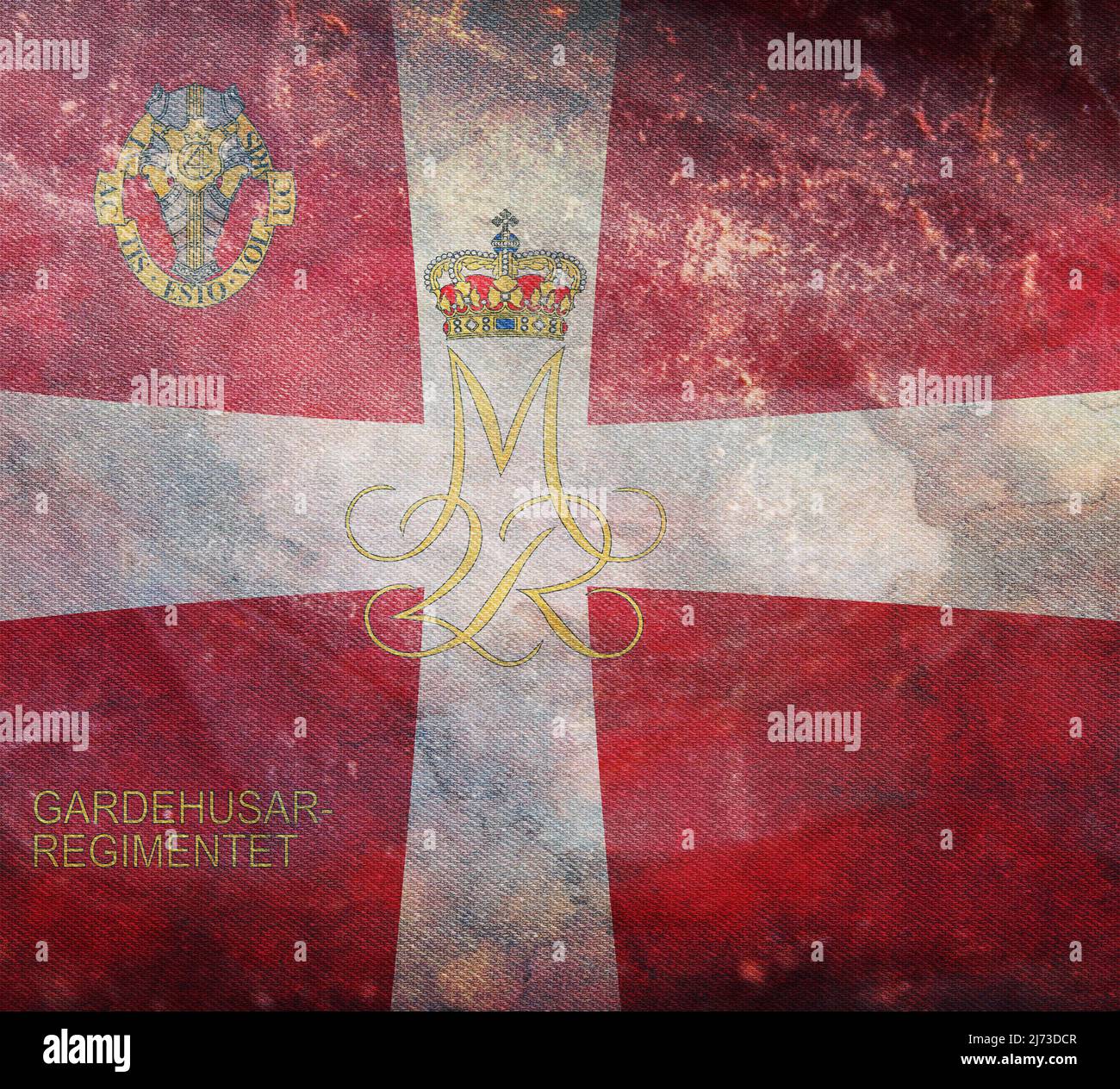 Top view of retro flag Guard Hussar Regiment, Denmark with grunge ...