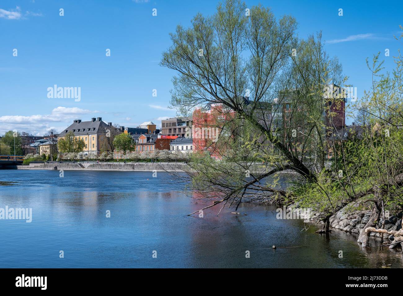Motala river running through the city centre of Norrkoping during early ...