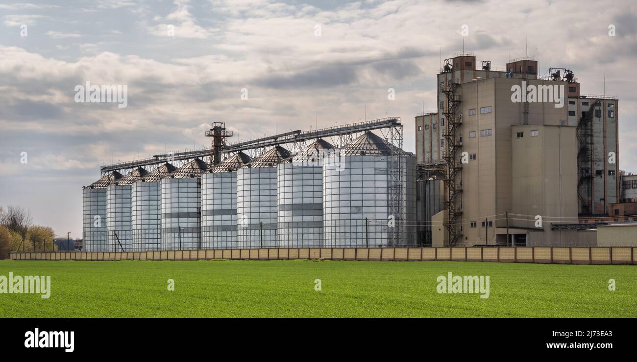 panorama view on agro silos granary elevator on agro-processing ...