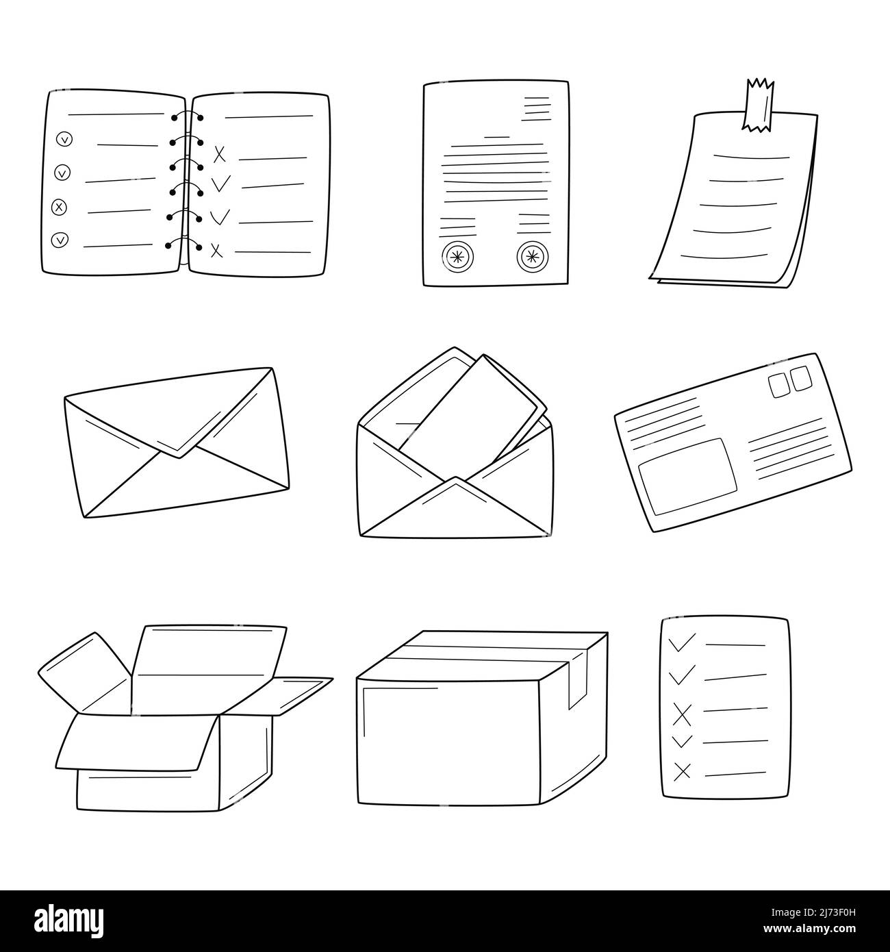 A set of linear icons with paper documents, a sticker, correspondence ...