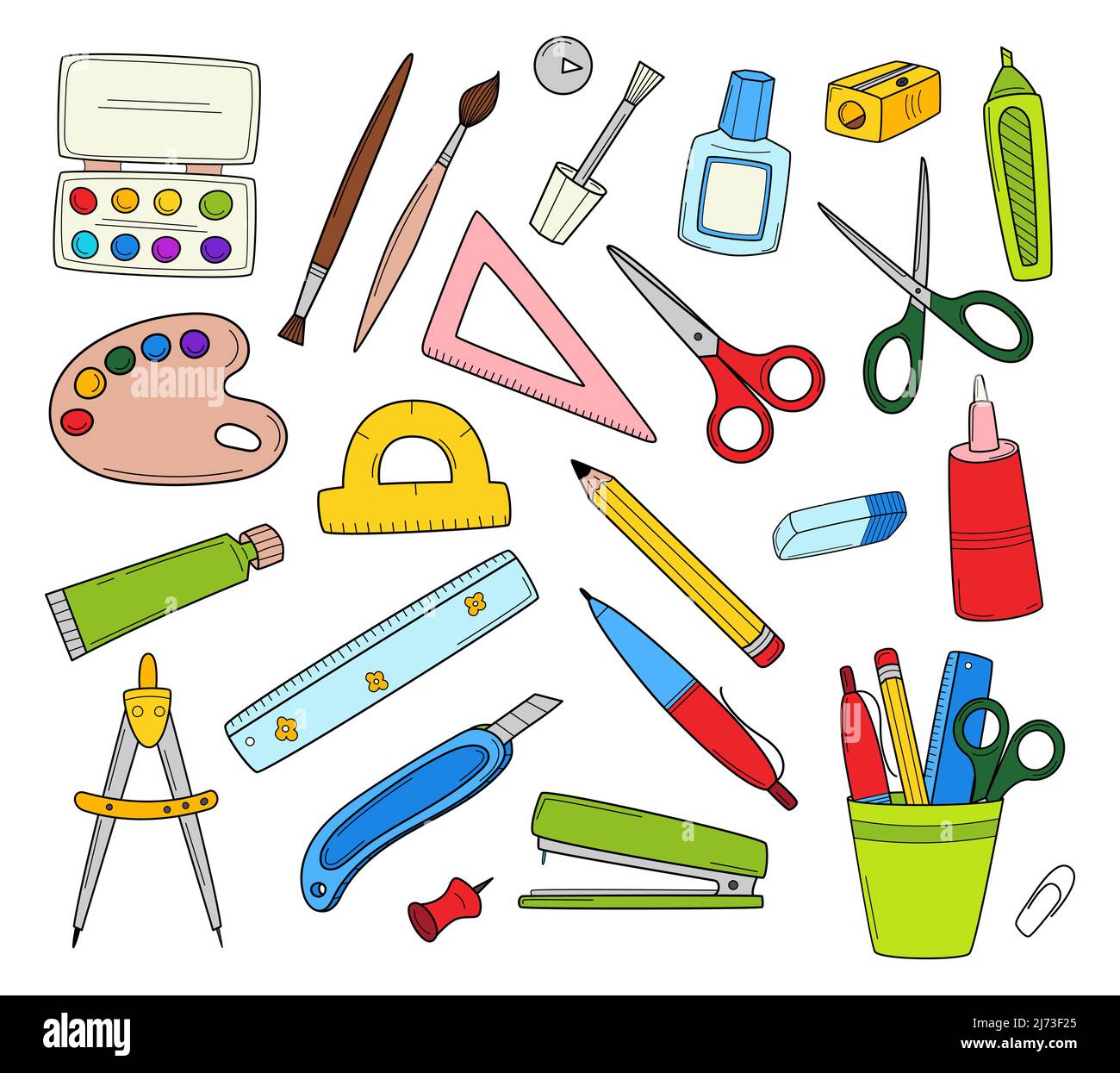 A set of school stationery and office supplies. Doodle icon set. Hand ...