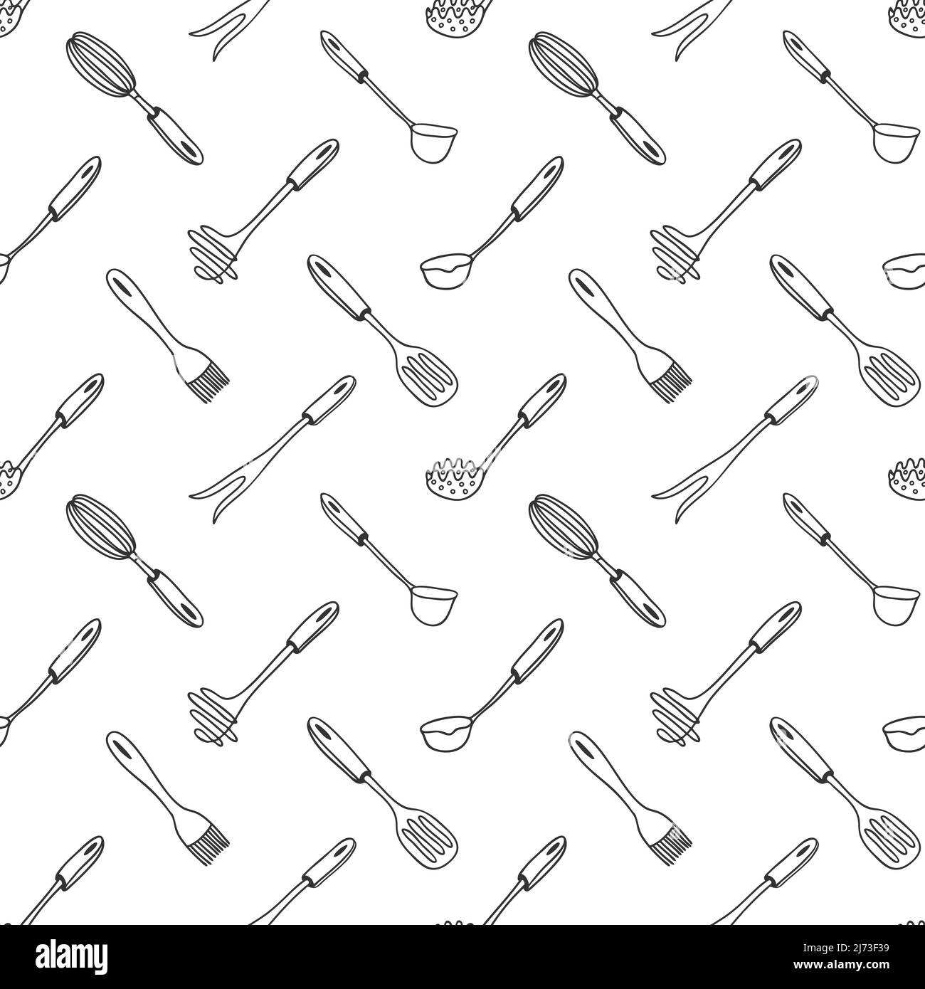 Seamless pattern with kitchen utensils, spatula, ladle, brush, whisk ...