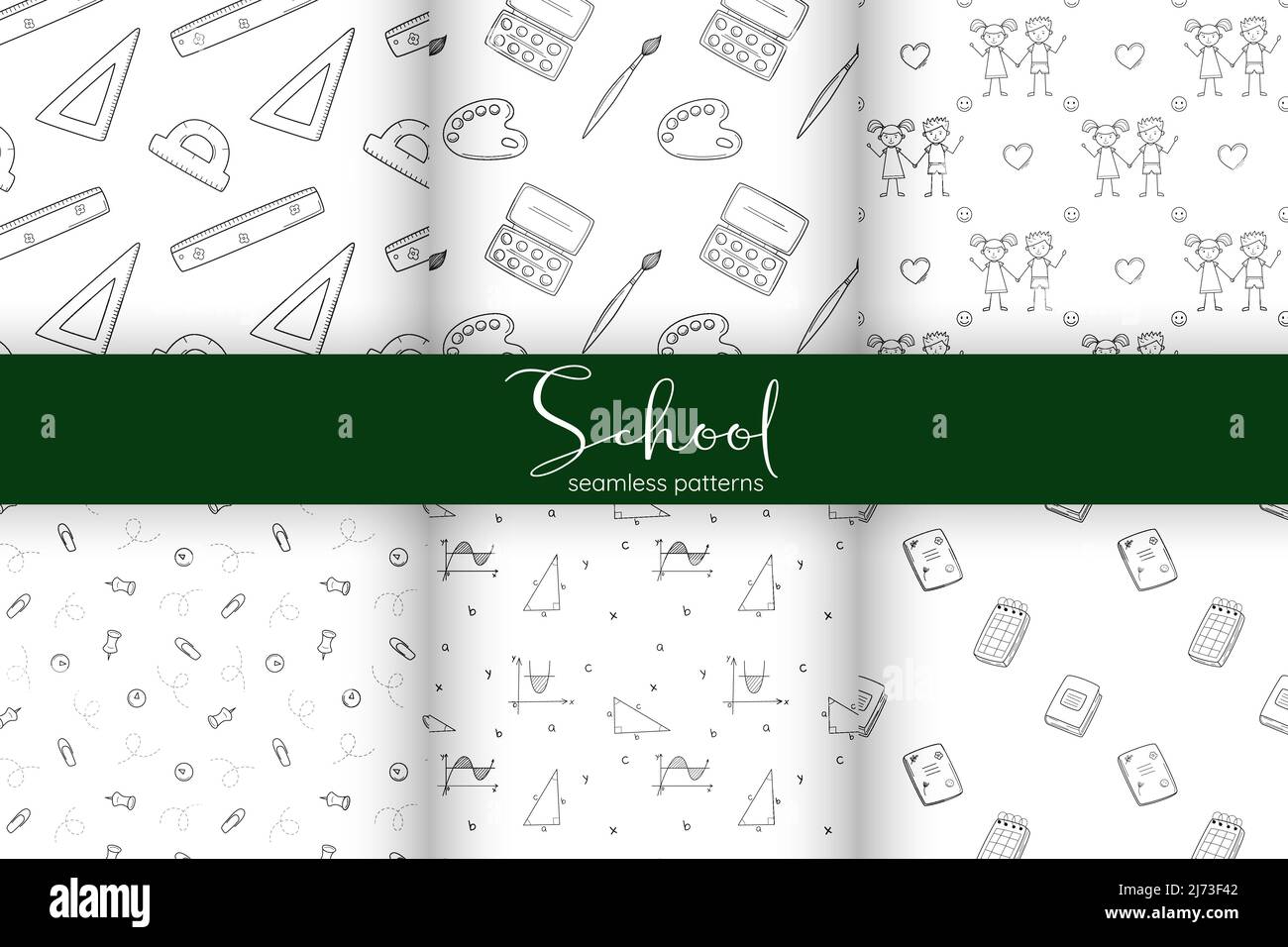 A set of simple school seamless patterns with school stationery items ...