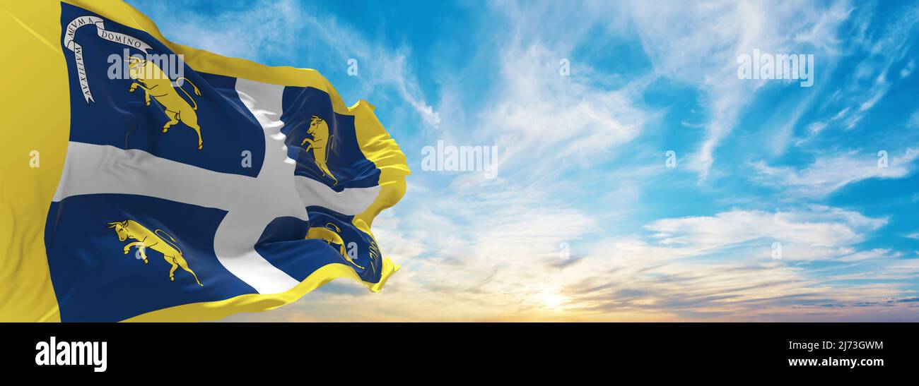 flag of Turin, Italy at cloudy sky background on sunset, panoramic view ...