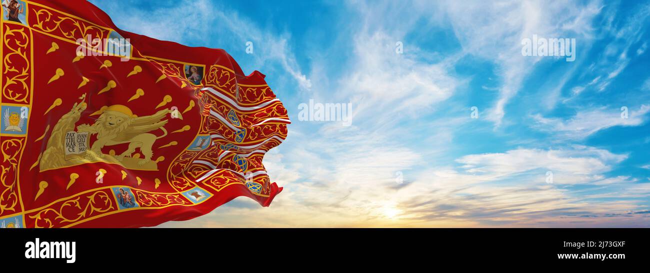 flag of Venice 1997, Italy at cloudy sky background on sunset ...