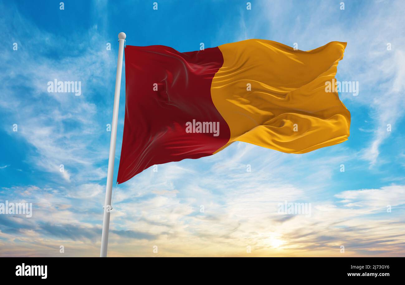 flag of Rome, Italy at cloudy sky background on sunset, panoramic view ...