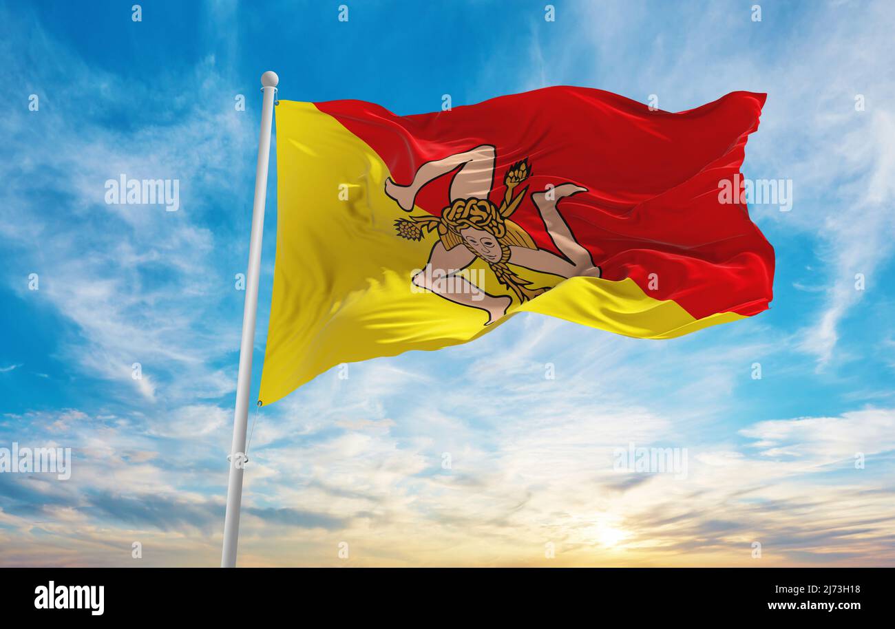 flag of Sicily, Italy at cloudy sky background on sunset, panoramic ...