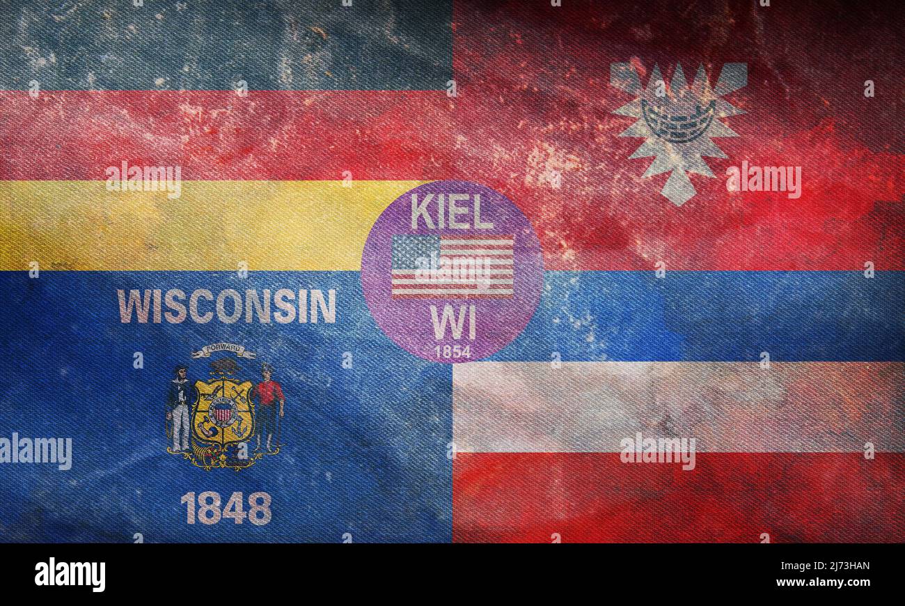Top view of retro flag of Kiel, Wisconsin, untied states of America ...