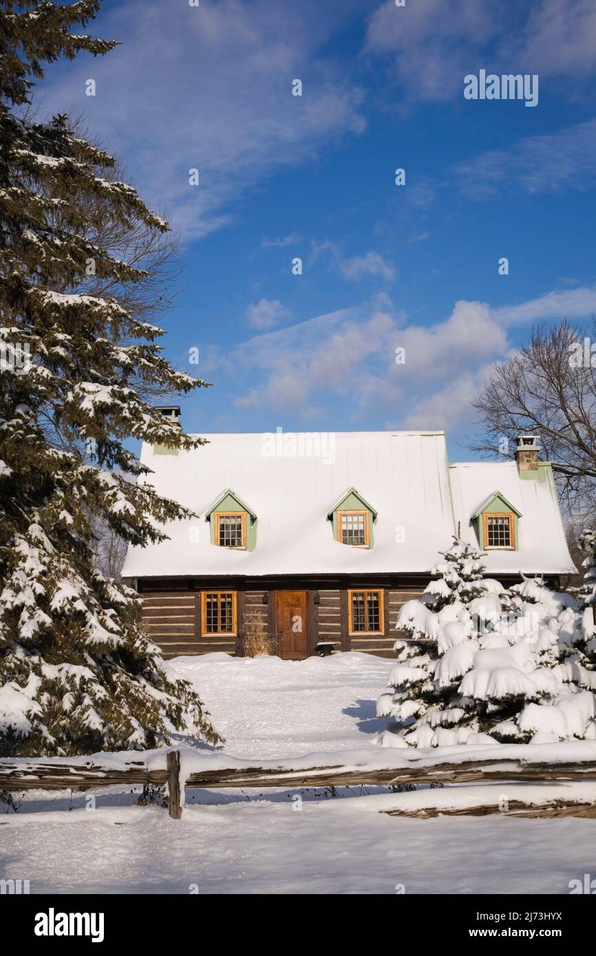 Old 1800s Canadiana style log home protected by rustic wooden fence in ...