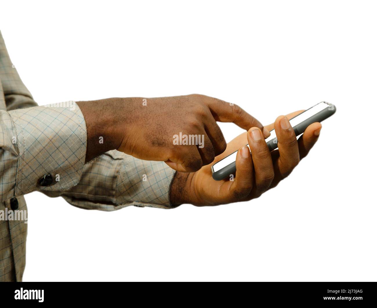 male hand touching phone screen on white background Stock Photo - Alamy