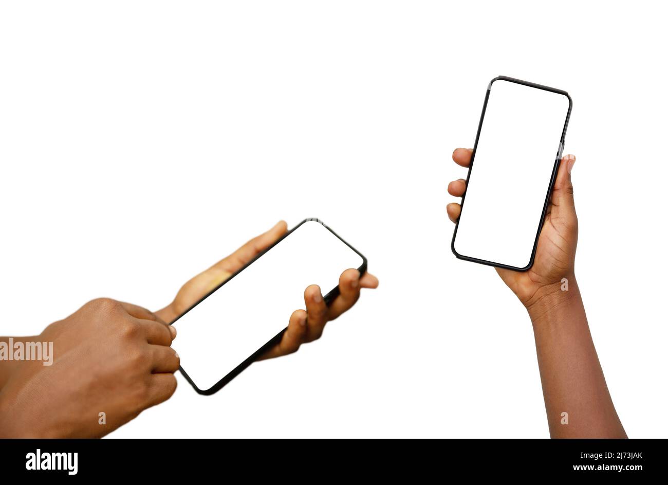 set of Fair hands holding phone facing camera isolated on white ...