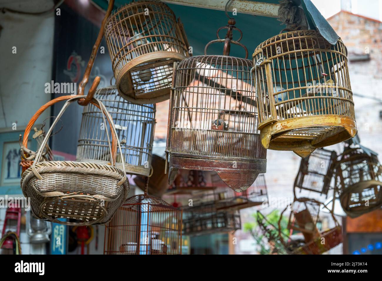 Traditional bamboo woven bird cages for sale in the market Stock Photo ...