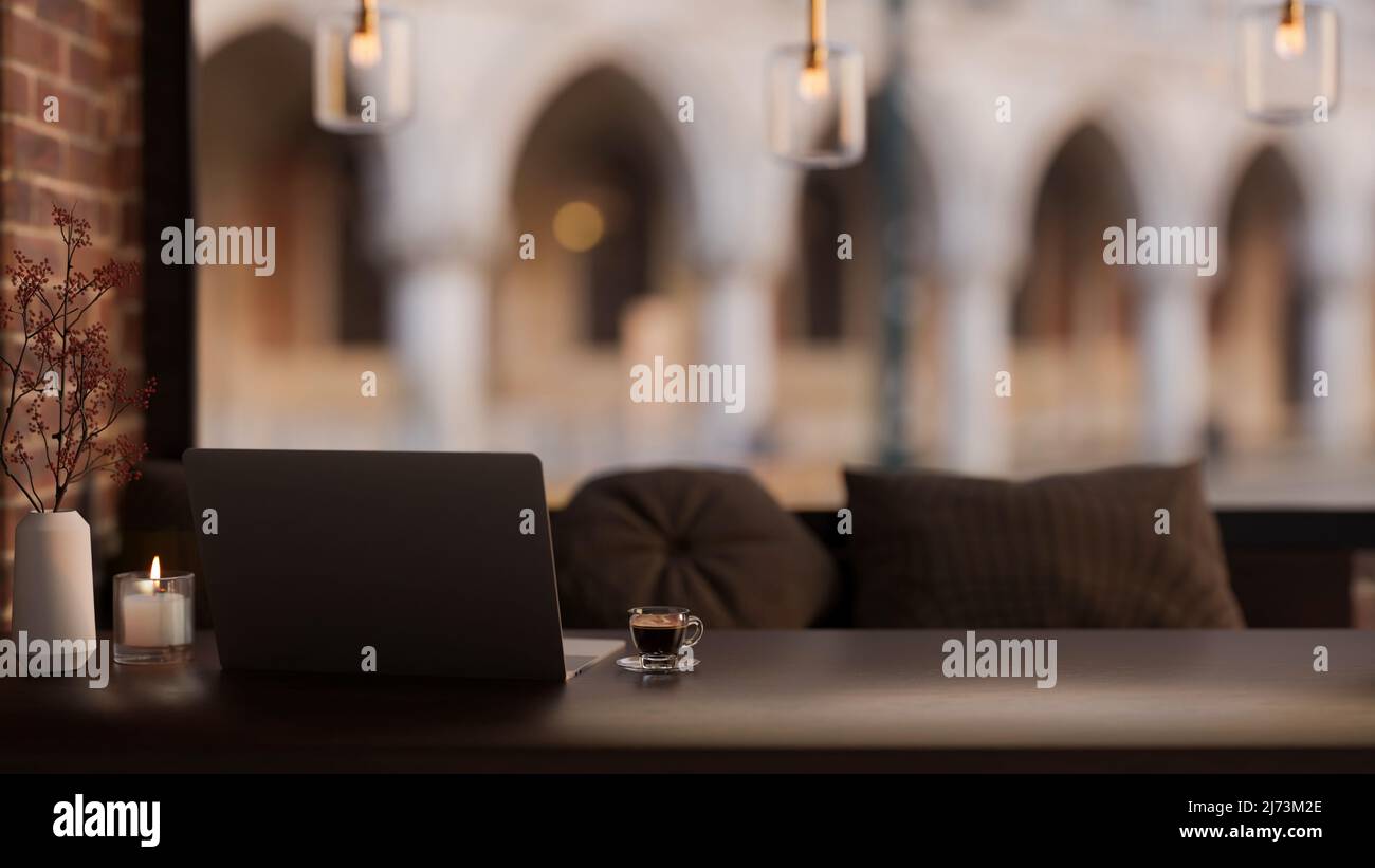 Luxury vintage restaurant or coffee shop with laptop, a cup of coffee ...