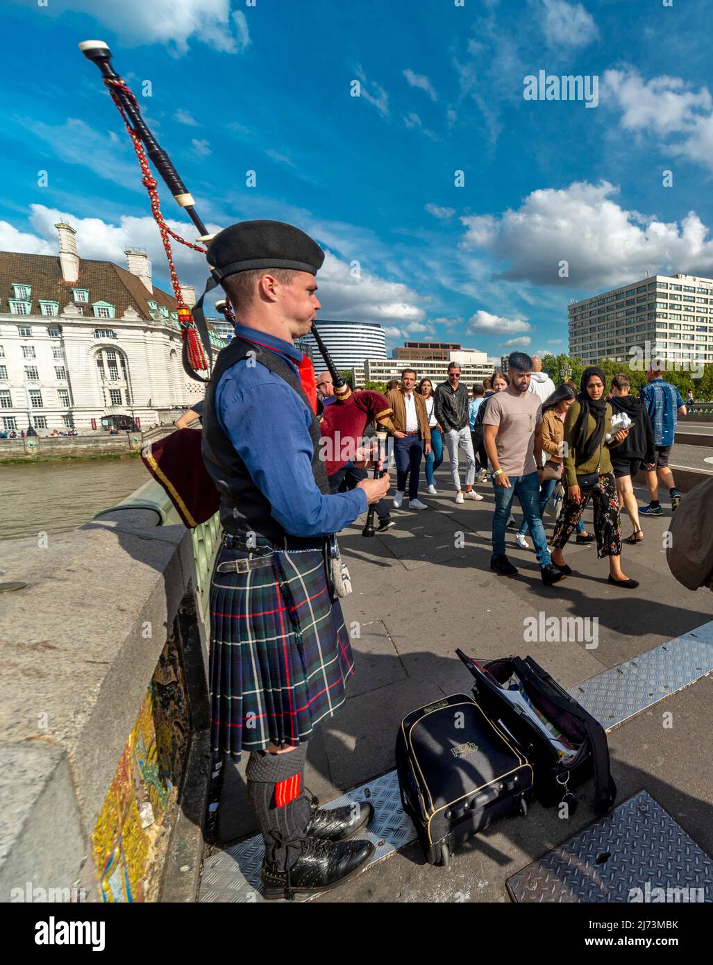 London,England,UK-August 21 2019: A young Scotsman in traditional dress ...