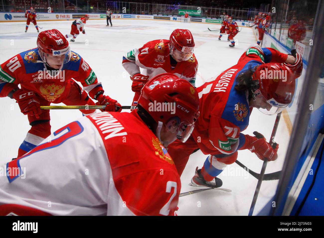 Matvey Kabush (No.71), Nikita Guslistov (No.90) of Russia U20, Vladimir ...