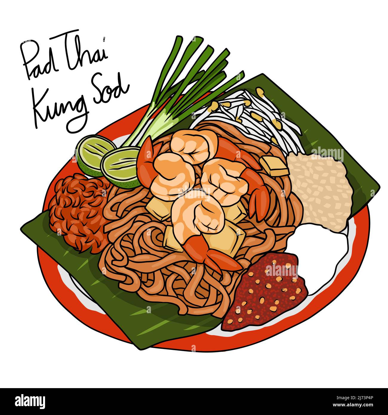 Pad Thai Kung Sod (Thai stir-fries noodle with shrimps) vector ...