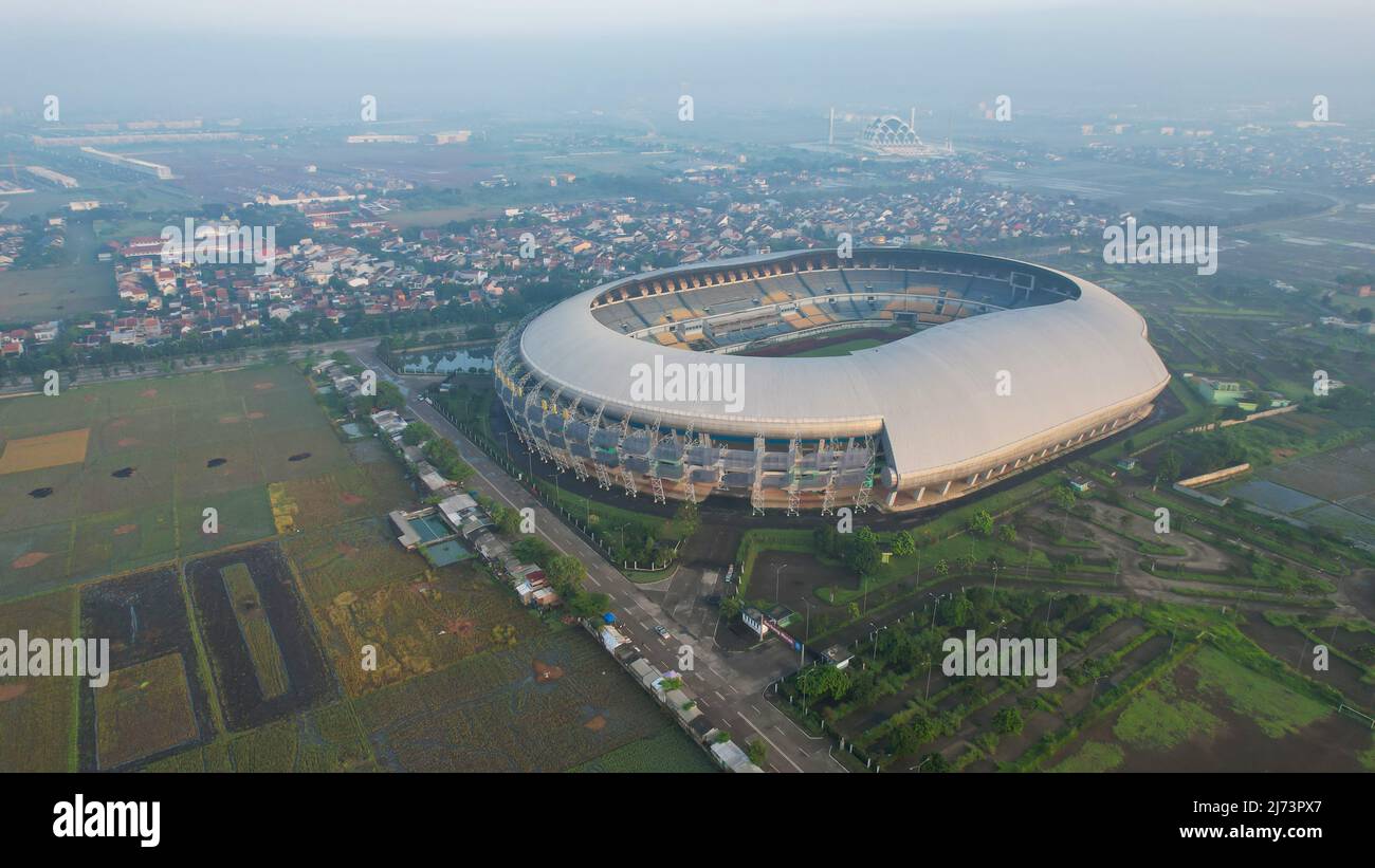 Aerial view of the Beautiful scenery Gelora Bandung Lautan Api (GBLA) Football or Soccer Stadium ...