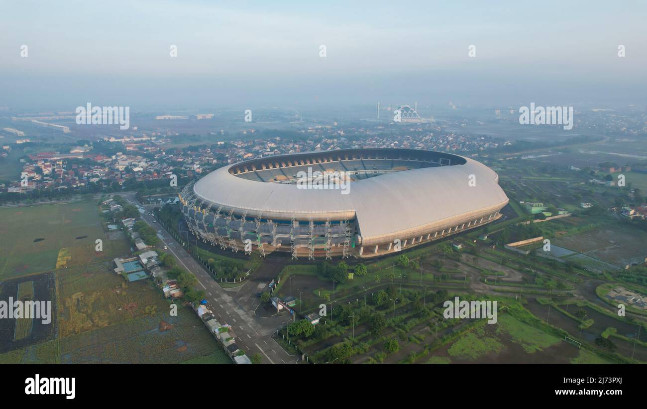 Aerial view of the Beautiful scenery Gelora Bandung Lautan Api (GBLA) Football or Soccer Stadium ...