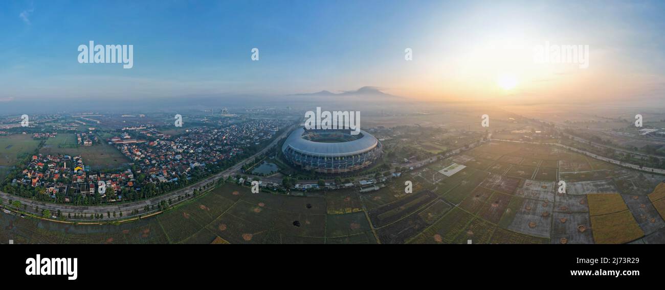 Aerial view of the Beautiful scenery Gelora Bandung Lautan Api (GBLA) Football or Soccer Stadium ...