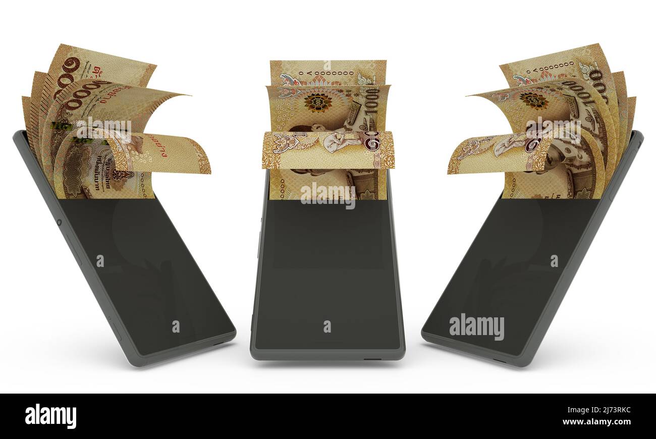 1000 Thai baht notes inside a mobile phone. money coming out of mobile ...