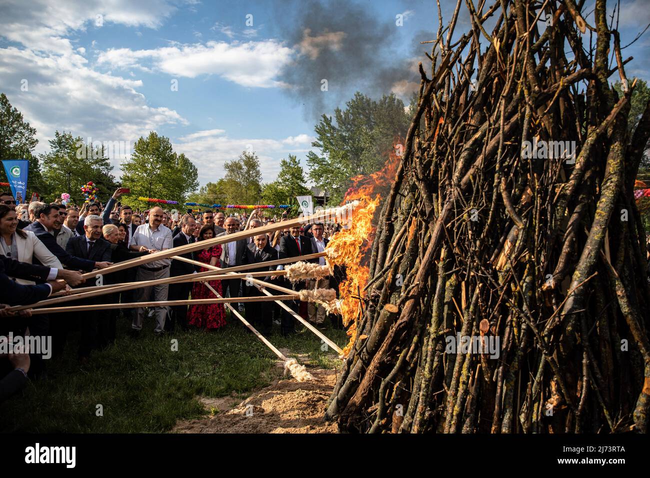 People seen lighting a bonfire as they celebrate the annual Kakava ...