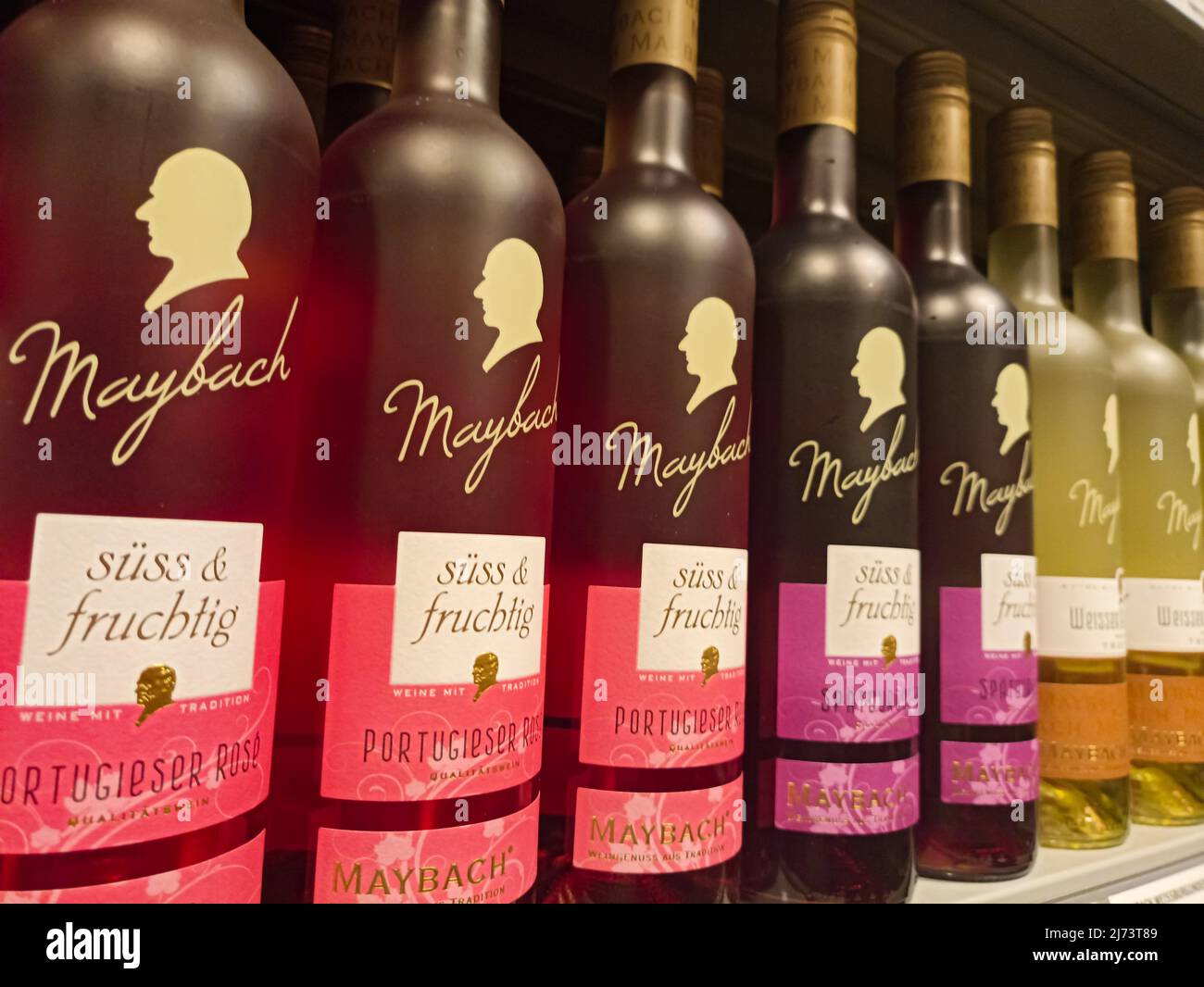 Bottles of Maybach Portuguese rose sweet and fruity wine seen at Rewe ...