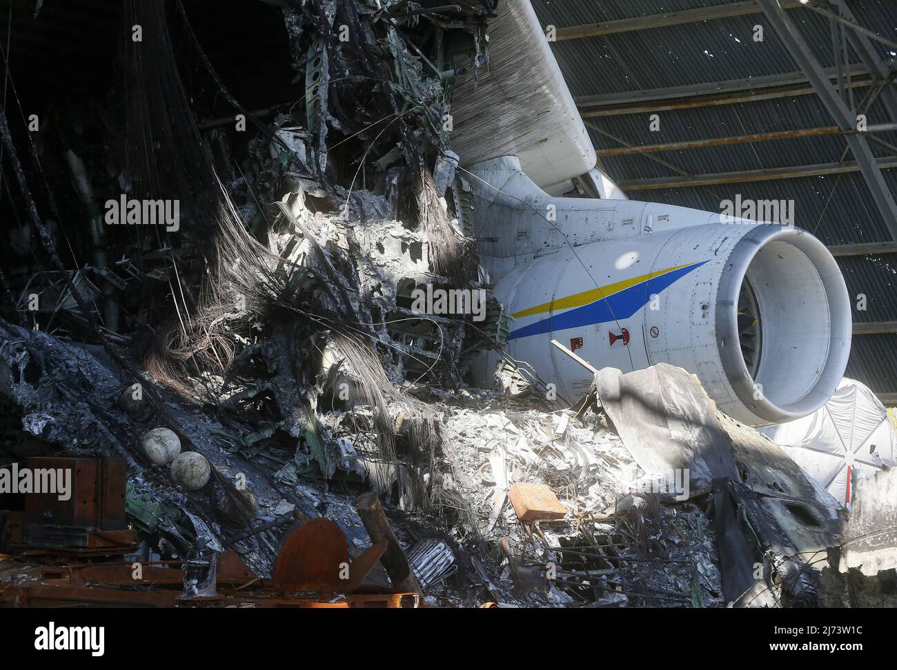 Destroyed Antonov An-225 Mriya cargo aircraft is seen after the battles ...