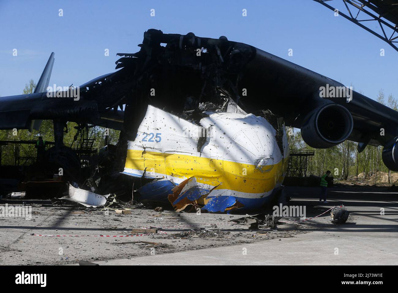 Destroyed Antonov An-225 Mriya cargo aircraft is seen after the battles ...
