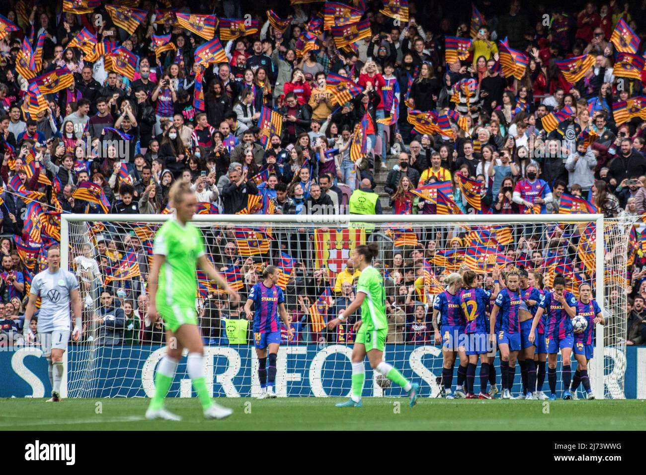 FC Barcelona players celebrate a goal during the UEFA Women's Champions ...
