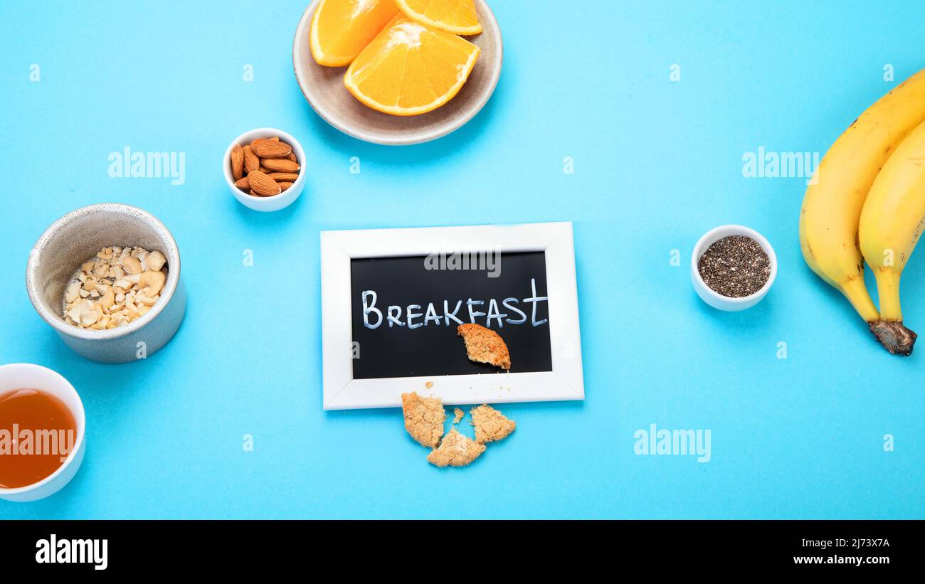 Healthy breakfast on colourfull background. Flatlay with tasty food ...