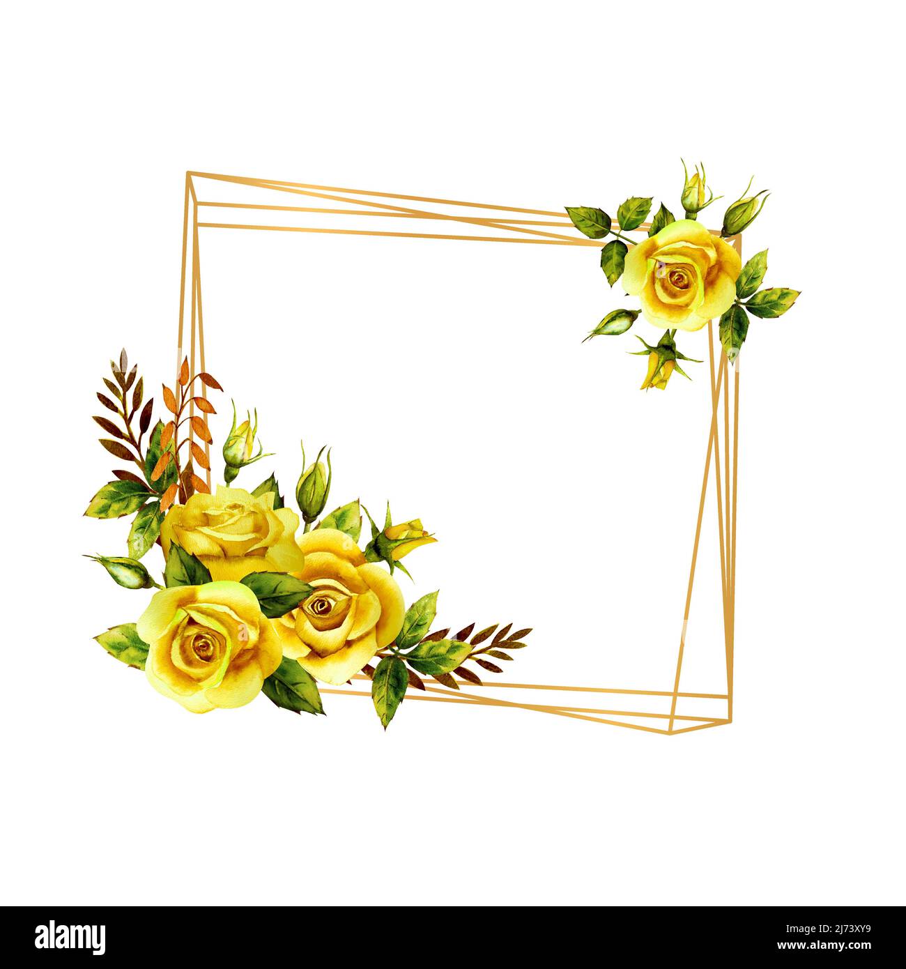 Geometric gold frame with a bouquet of watercolor yellow roses Stock ...