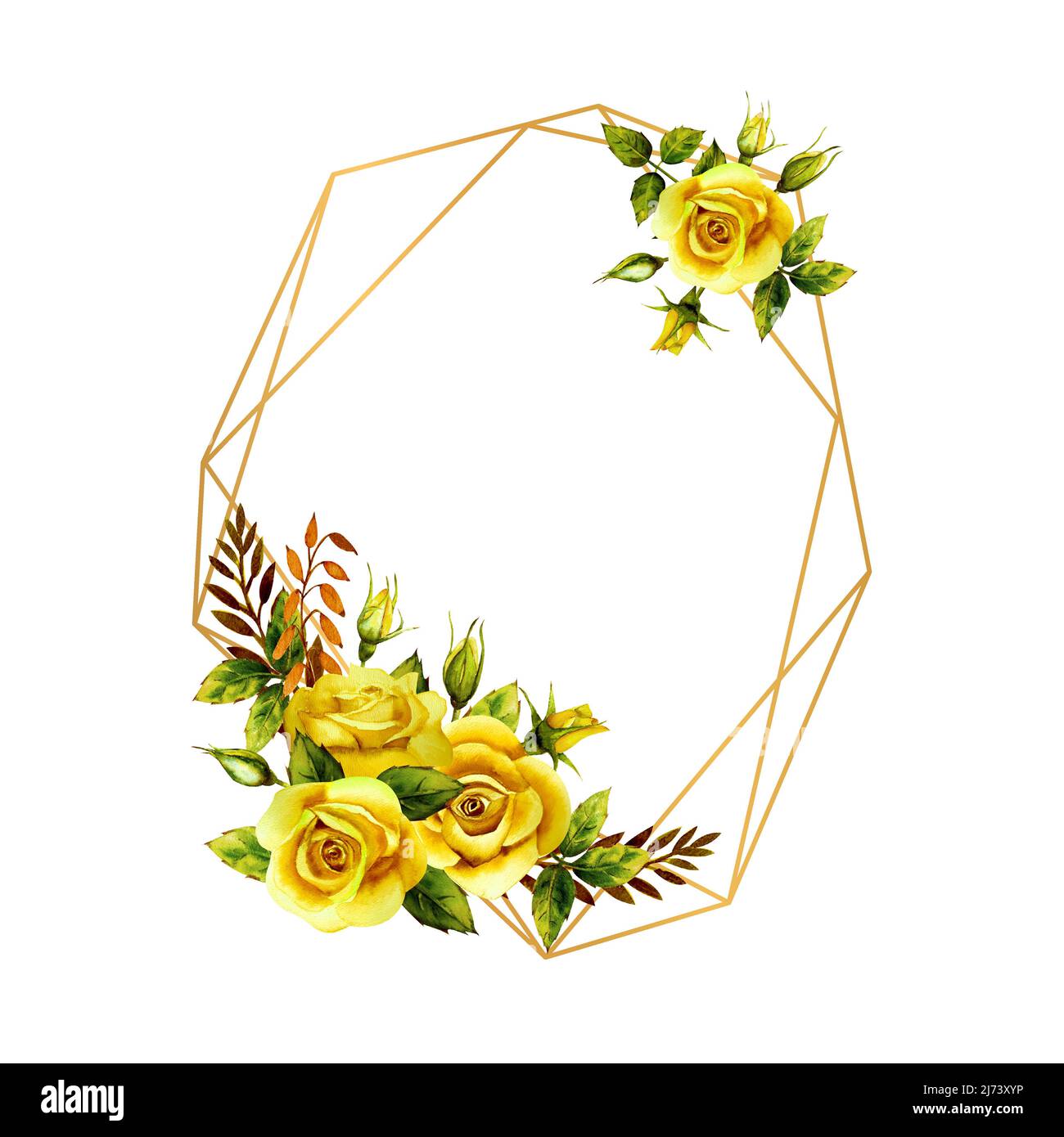 Geometric gold frame with a bouquet of watercolor yellow roses Stock ...