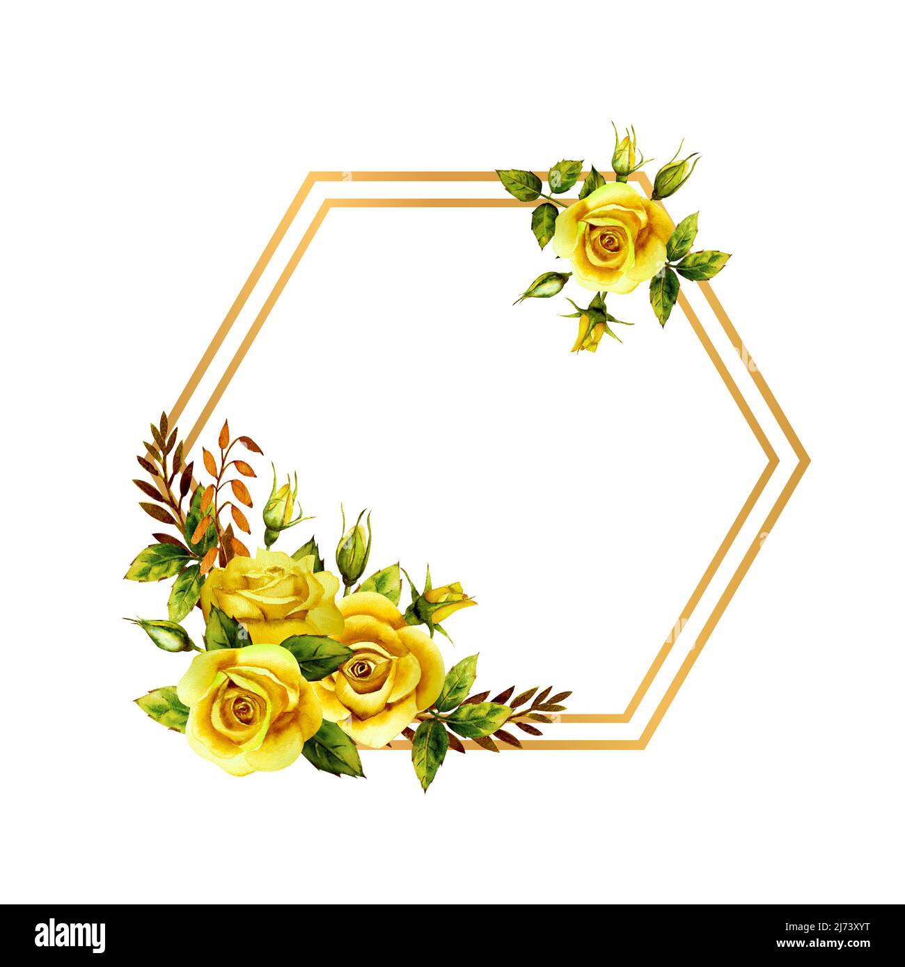 Geometric gold frame with a bouquet of watercolor yellow roses Stock ...