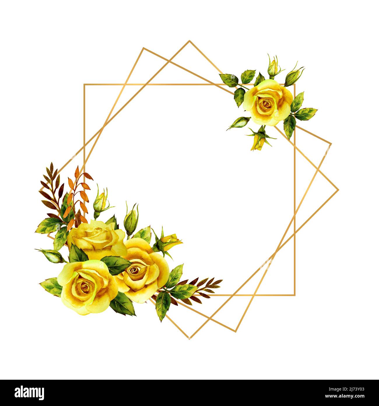 Geometric gold frame with a bouquet of watercolor yellow roses Stock ...